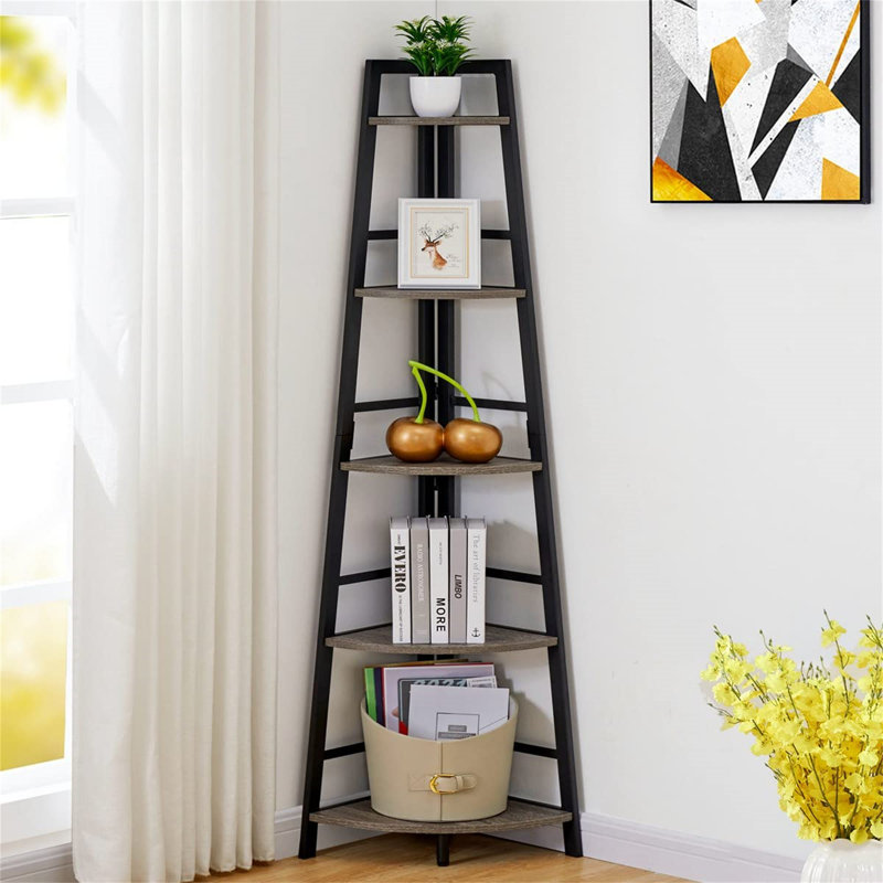 Latitude Run® Industrial Corner Shelf Stand, 5-Tier Wood Corner Bookshelf, Rustic Tall Corner ...
